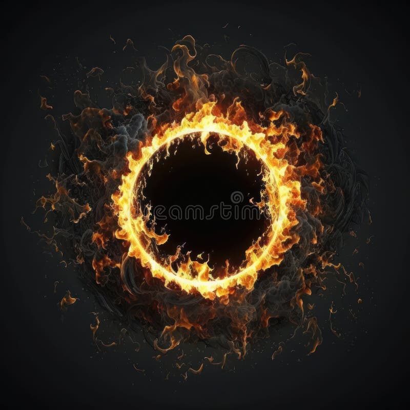 Black Circle Surrounded by Fire. Burning Flame Ring Isolated on Black ...