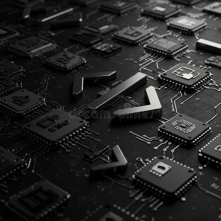 Black Circuit Board with Multiple Microchips Connected by Thin ...