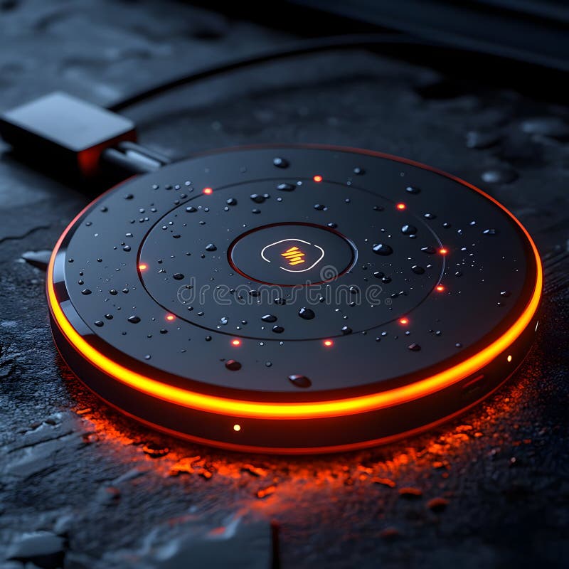 Black Circular Device with Orange Light and Water Drops 3D Illustration ...