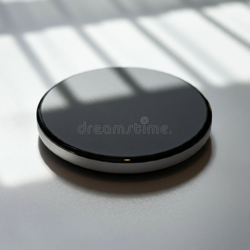 A Black, Circular, Flat Object Rests on a Smooth, Light-colored Surface ...