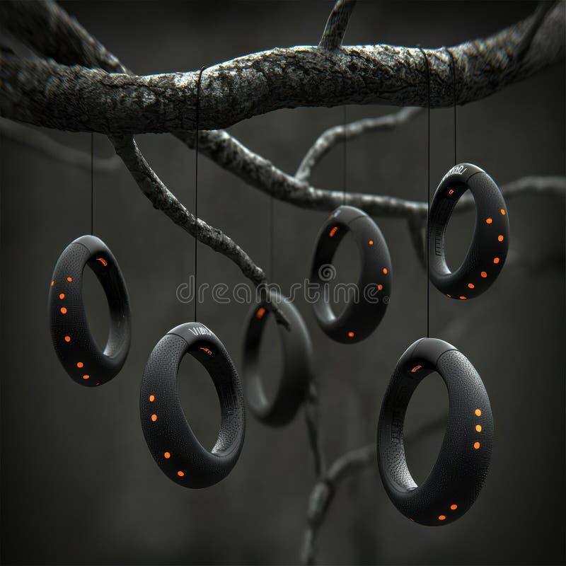 Black Circular Objects Hanging from Branches in Dark Environment Stock ...