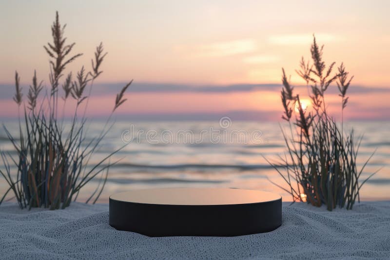 Black Circular Platform on Sandy Beach at Sunset Stock Illustration ...