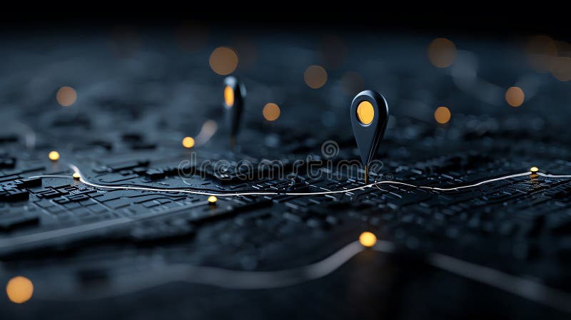 Black City Map, Abstract GPS Route, Two Pins, White Lines, Bold Stock ...