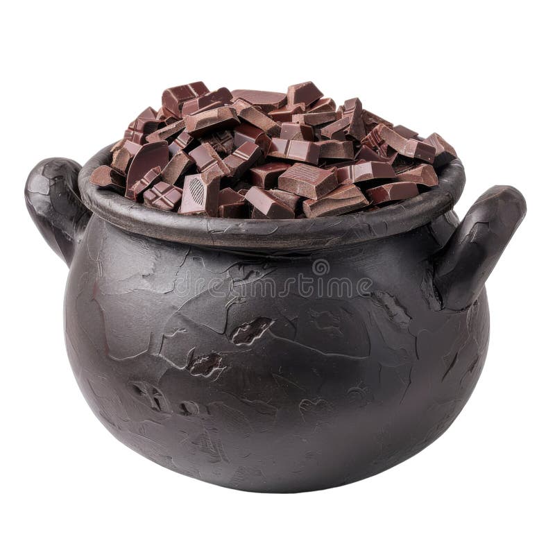A Black Clay Pot Overflowing with Pieces of Dark Chocolate Stock Photo ...