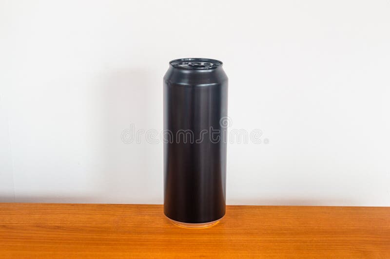 Black Clean Aluminium Can with Beer for Drink on Wooden Table Stock ...