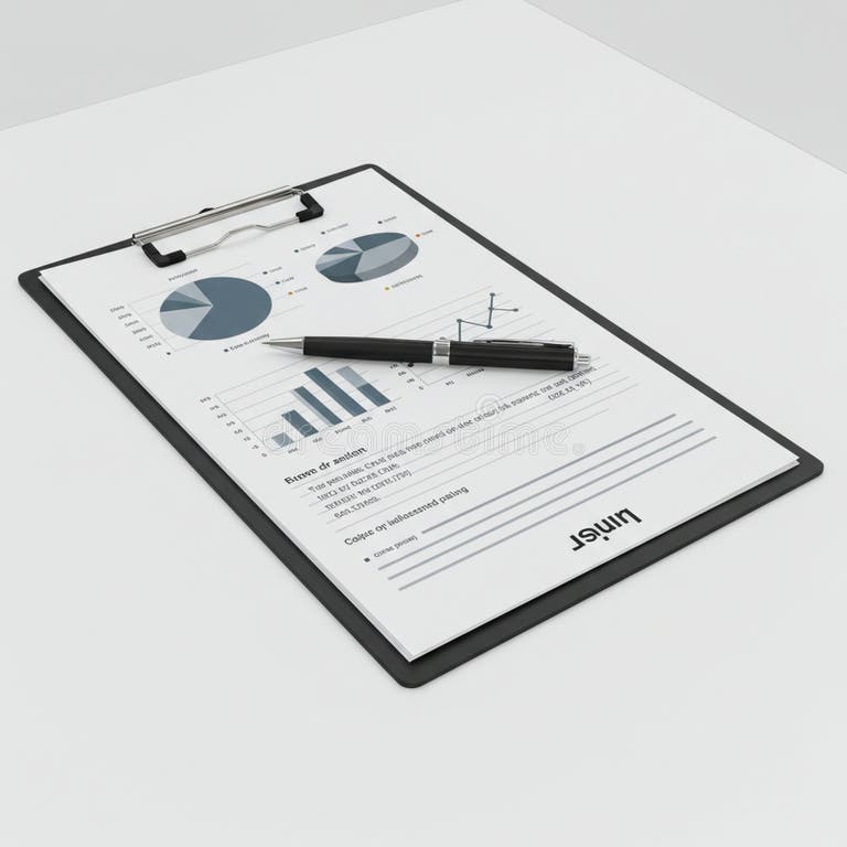 A Black Clipboard Holds a Printed Document with Data Visualizations ...