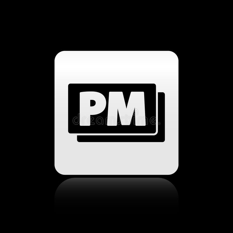 Black Clock PM Icon Isolated on Black Background. Time Symbol. Silver ...