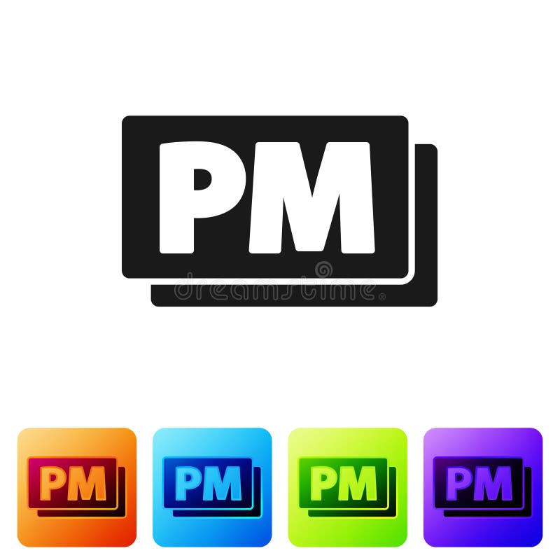 Black Clock PM Icon Isolated on White Background. Time Symbol. Set ...