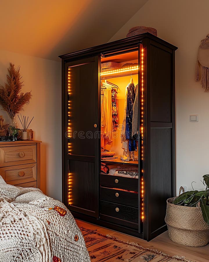 A Black Closet with Lights on it Stock Photo - Image of shelves ...