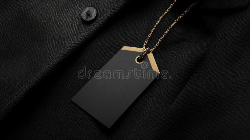 Black Clothing Tag with Gold Chain on Dark Fabric Stock Illustration ...