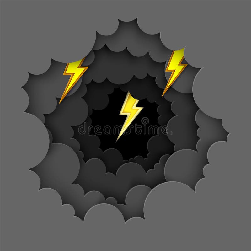 Black Cloud and Yellow Lightning Paper Art Background. Thunder Storm ...