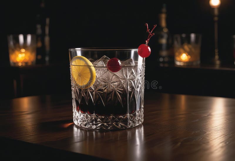 An Black Cocktail in a Rocks Glass with Crystal Cut Patterns Stock ...