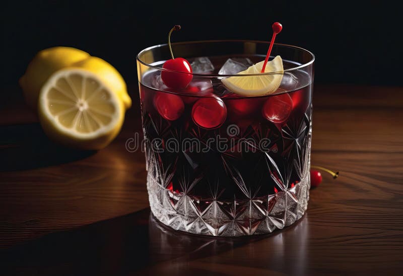 An Black Cocktail in a Rocks Glass with Crystal Cut Patterns Stock ...