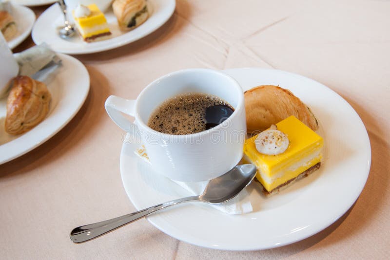 Black Coffee and Cake in Coffee Break Stock Photo - Image of close ...