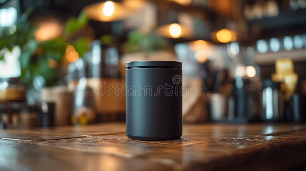 Black Coffee Container on Wooden Kitchen Countertop Stock Image - Image ...