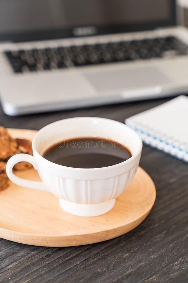 Black Coffee and Cookies with Laptop and Note Book Stock Image - Image ...