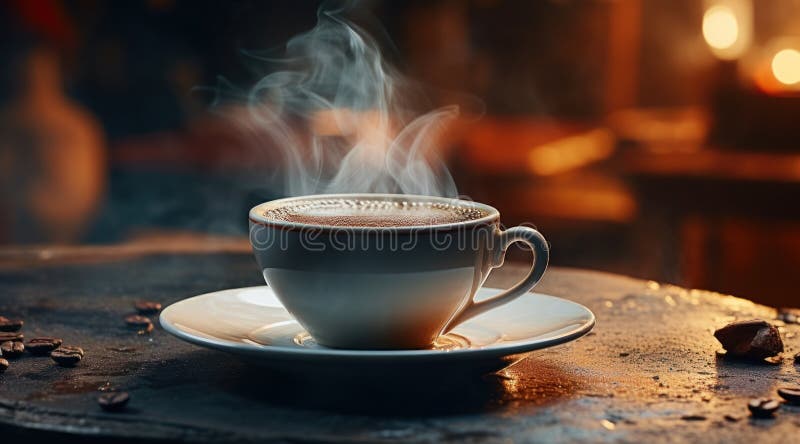 A Black Coffee Cup in Front of a Plate with Steam Rising, Stock Photo ...