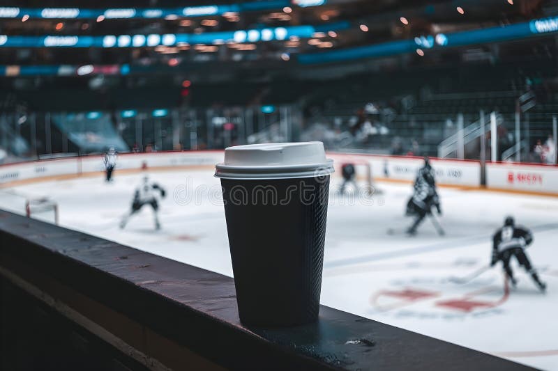 Black Coffee Cup on Ledge Overlooking Rink, Creating Cozy Stadium ...