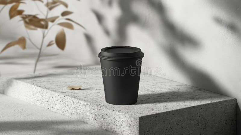 Black Coffee Cup Mockup on Concrete Surface with Plants and Shadows ...