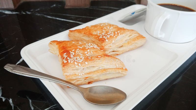 Black Coffee Cup and Pineapple Pie, on Container, Meeting Break Set ...