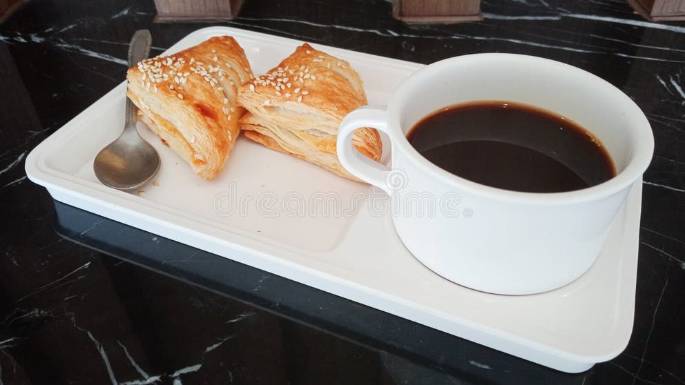 Black Coffee Cup and Pineapple Pie, on Container, Meeting Break Set ...