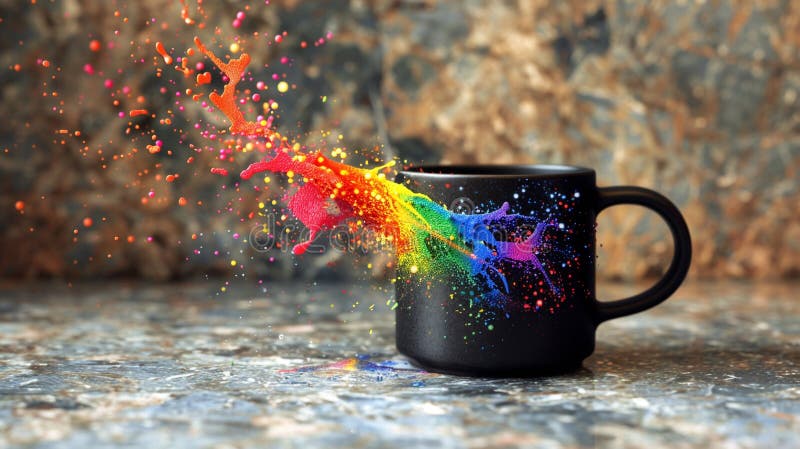 A Black Coffee Cup with a Rainbow Explosion, Vibrant Colors Spilling ...