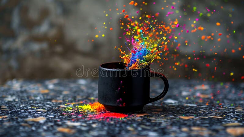 A Black Coffee Cup with a Rainbow Explosion, Vibrant Colors Spilling ...