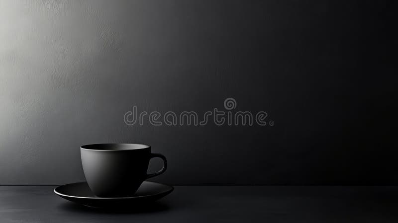 Black Coffee Cup and Saucer Resting on Dark Surface with Dramatic ...