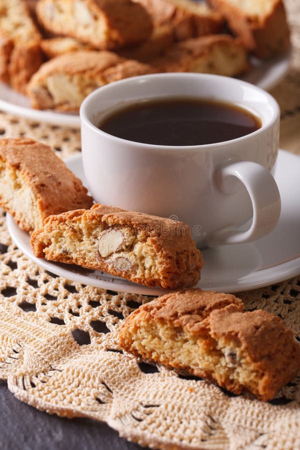 Black Coffee and Italian Cookies Cantuccini Macro. Vertical Stock Photo ...