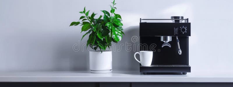 Black Coffee Machine in Modern Office Environment. Concept of Workplace ...