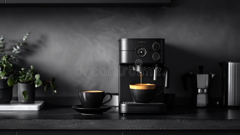 A Black Coffee Maker with Two Cups of Hot Liquid on a Counter, AI Stock ...