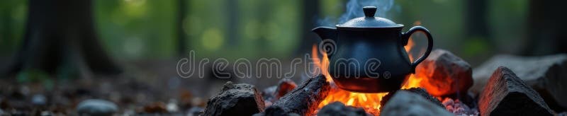 Black Coffee Pot Simmering on Campfire Embers, Flame, Travel Stock ...