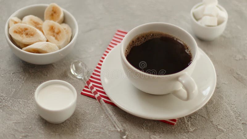 Black Coffee in White Cup on Concrete Texture Table. Breakfast Coffee ...