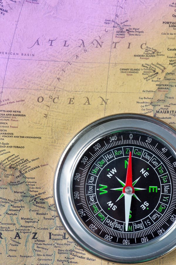 The Black Compass on Old Vintage Map, North Atlantic Ocean, Macro ...
