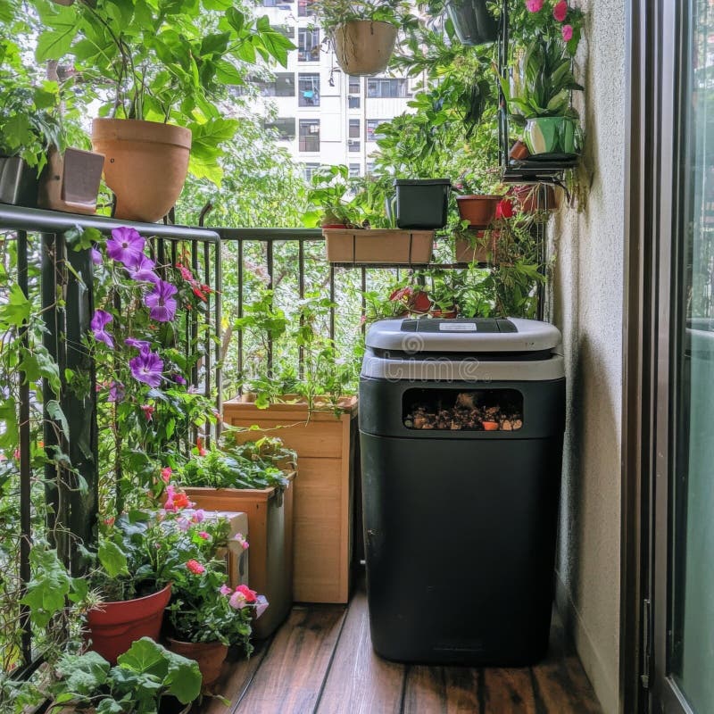 A Black Compost Bin on a Balcony Surrounded by Greenery Stock ...