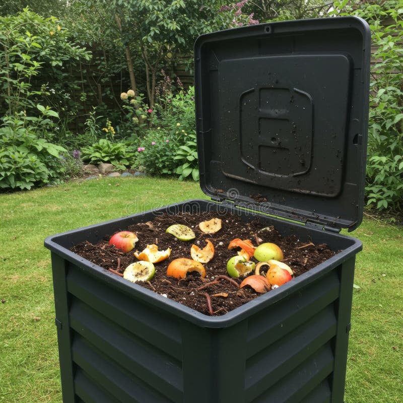 Black Compost Bin Filled with Fruit and Vegetable Scraps in a Garden ...