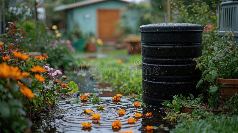 A Black Compost Bin in a Garden with Fallen Flower Petals in a Puddle ...