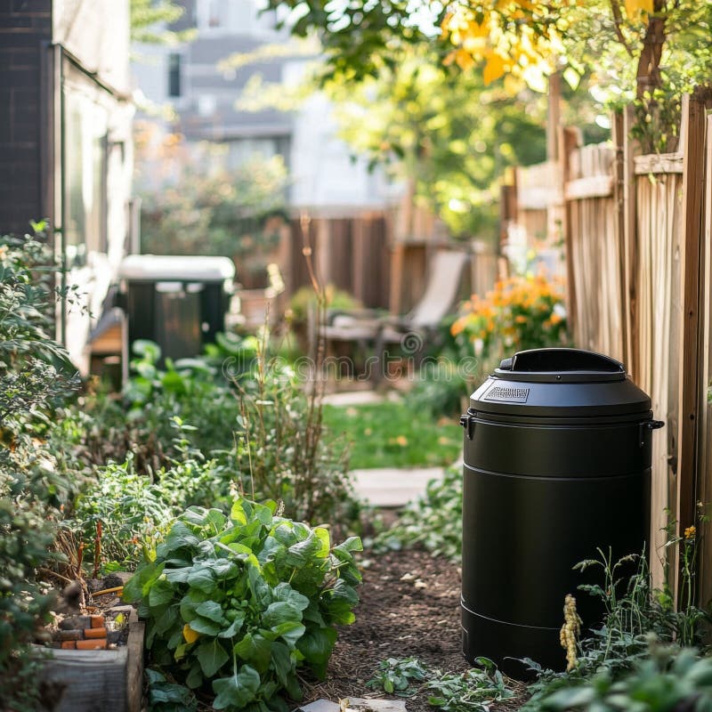 Black Compost Bin in a Lush Backyard Garden Stock Illustration ...