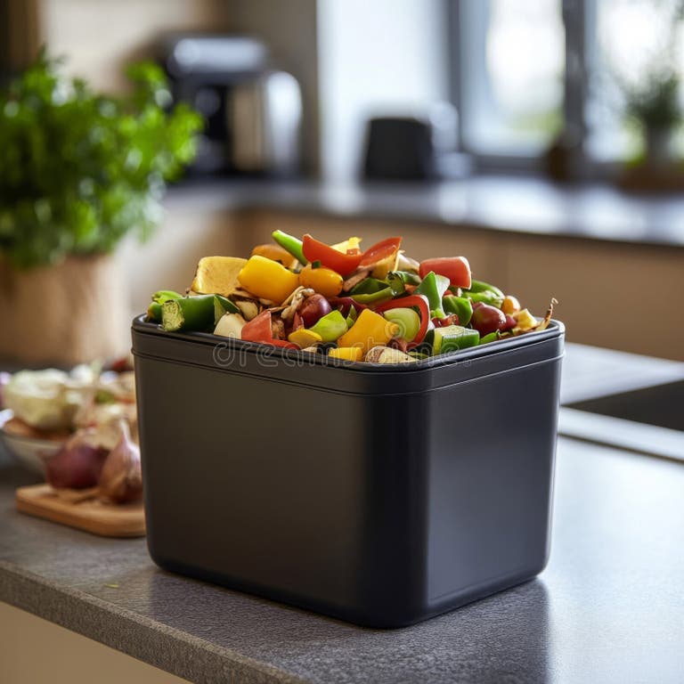 Black Composter Container Filled with Vegetable Scraps in a Kitchen ...