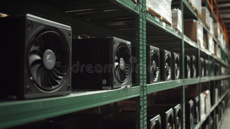 Black Computer Fans are Neatly Lined Up on a Shelf. Stock Photo - Image ...