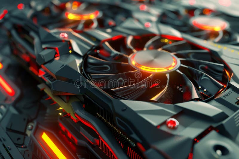 Black Computer Graphics Card with Red Fans is on a Table with ...