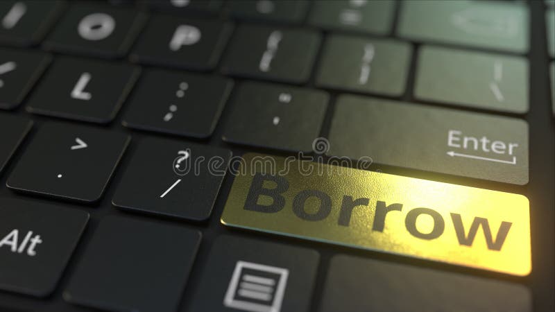 Black Computer Keyboard and Gold Borrow Key. Conceptual 3D Animation ...