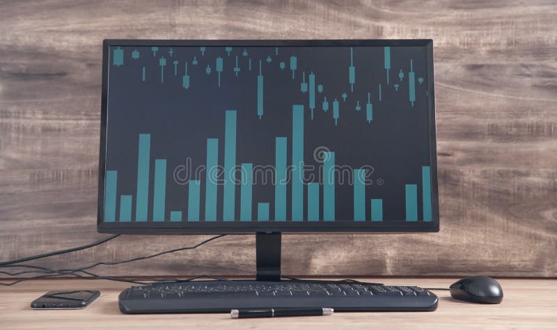 Black Computer with Keyboard and Mouse on the Table. Graphs and Charts ...