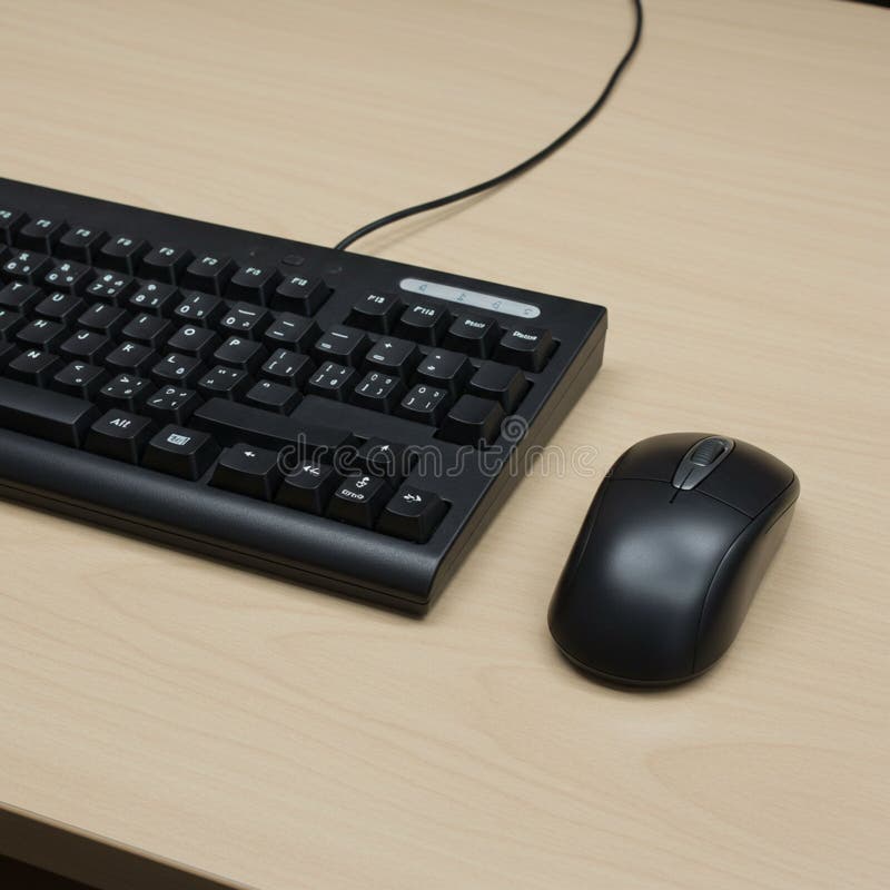 Black Computer Keyboard and Wireless Mouse on a Light Wooden Desk. the ...