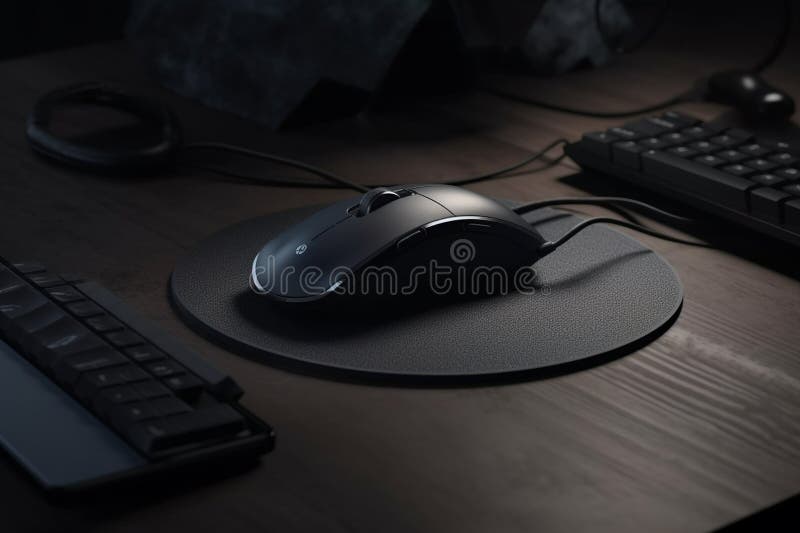 A Black Computer Mouse on a Black Mouse Pad on Dark Background Stock ...