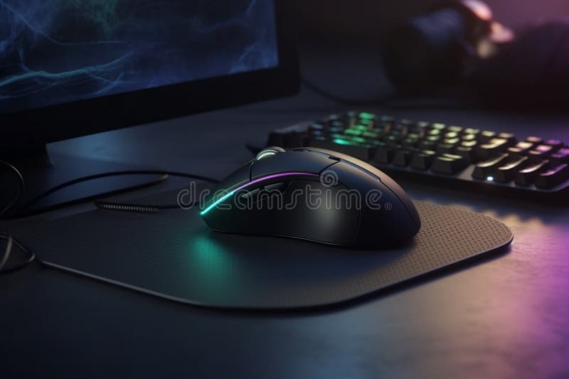 A Black Computer Mouse on a Black Mouse Pad on Dark Background Stock ...
