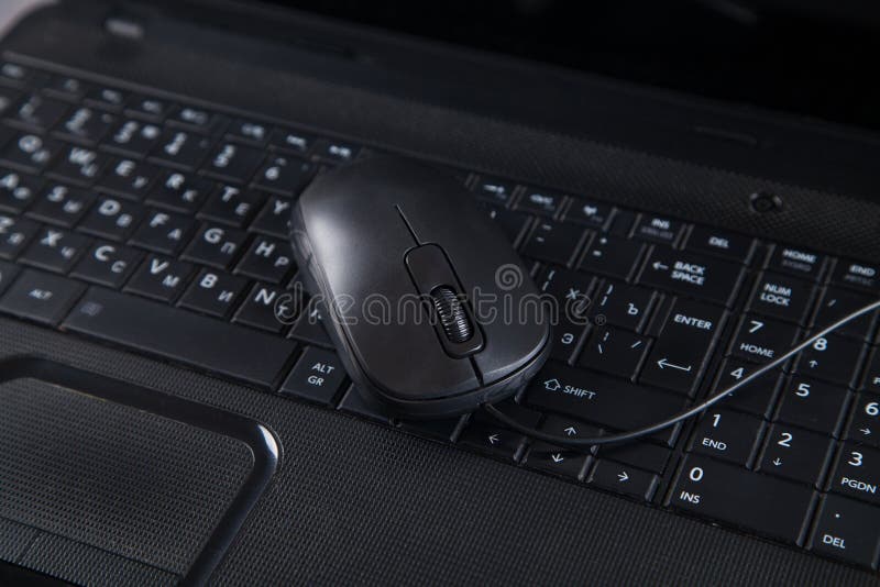 Black Computer and Mouse on Gray Table with Empty Screen Stock Image ...