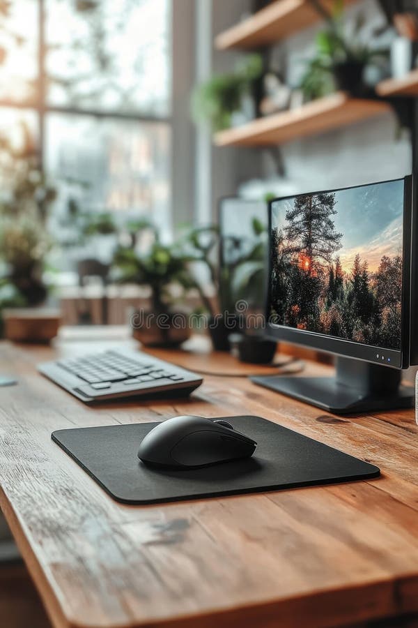 Black Computer Mouse on the Table in Front of the Computer Stock Image ...
