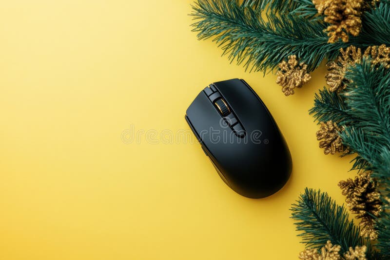 Black Computer Mouse on Yellow Background with Pine Branches Creating ...