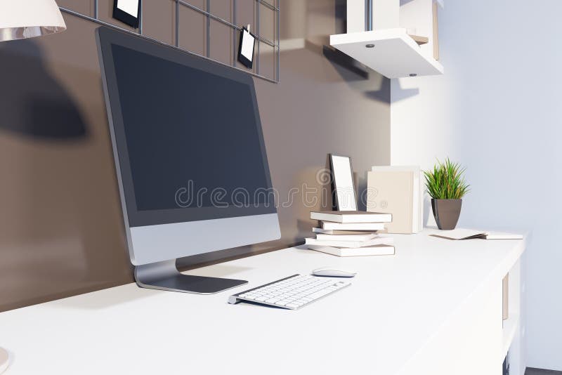 Black Computer Screen in a Brown Office Stock Illustration ...